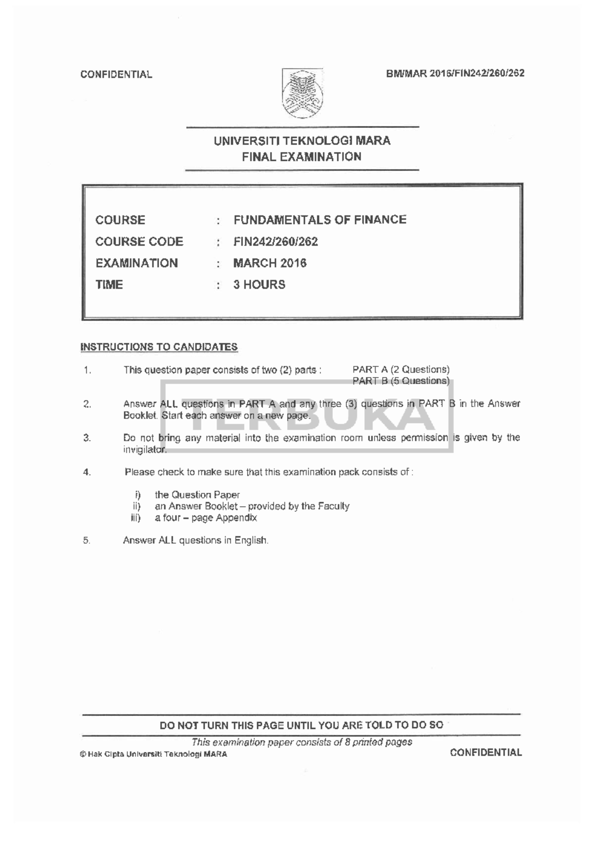 FIN242 Final Examination: Fundamentals of Finance - March 2016 - Studocu