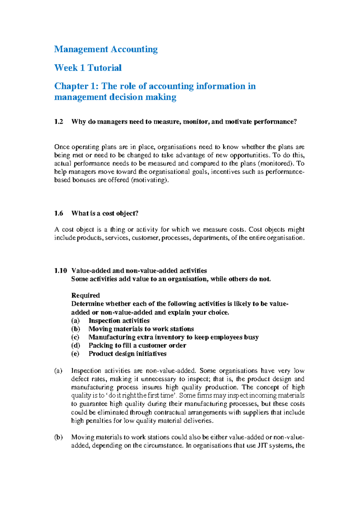 Management Accounting (ACCT101) Week 1 Tutorial Solutions: Key Concepts ...