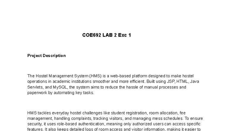 COE692 Lab 2: Hostel Management System Project Overview - Studocu