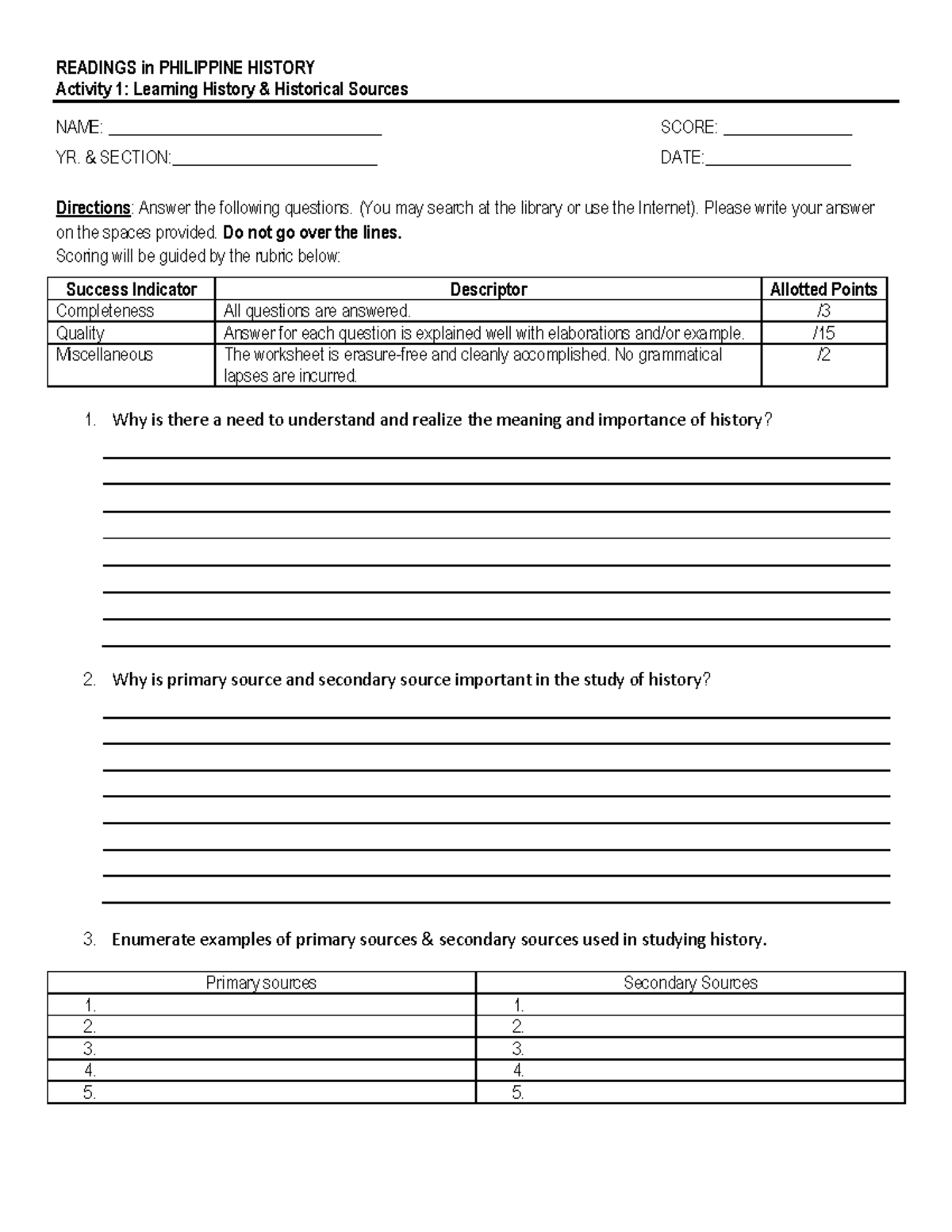 RPH 101: Activity 1 - Understanding Historical Sources in PH History ...