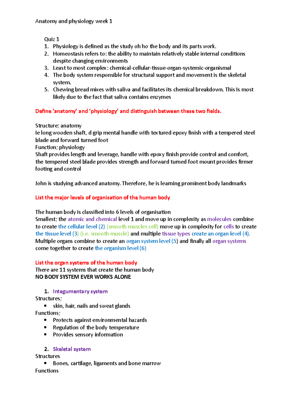Week 1 Quiz: Anatomy and Physiology Overview (Course Code: AP101) - Studocu