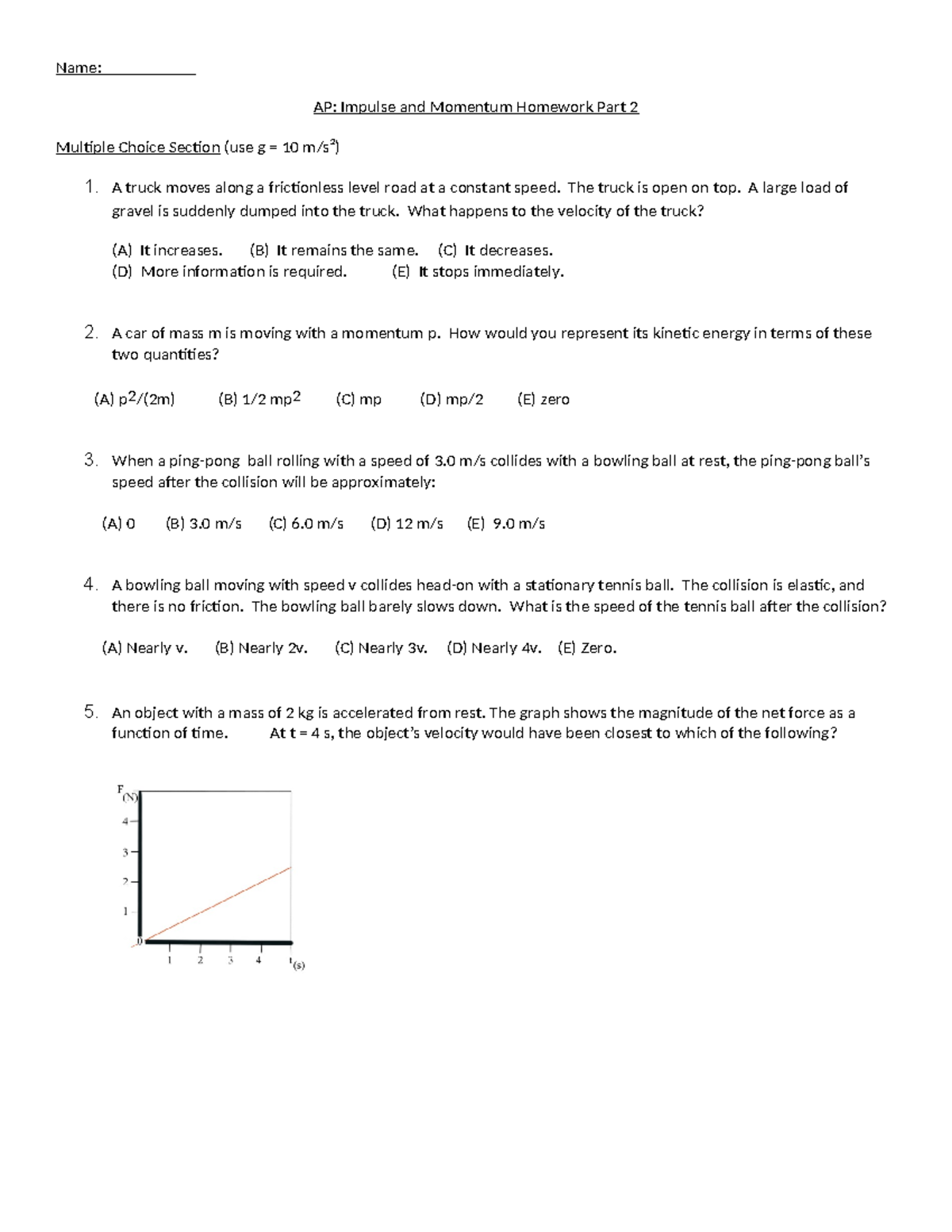 Momentum AP Homework Part 2: Multiple Choice & Open-Ended Questions ...