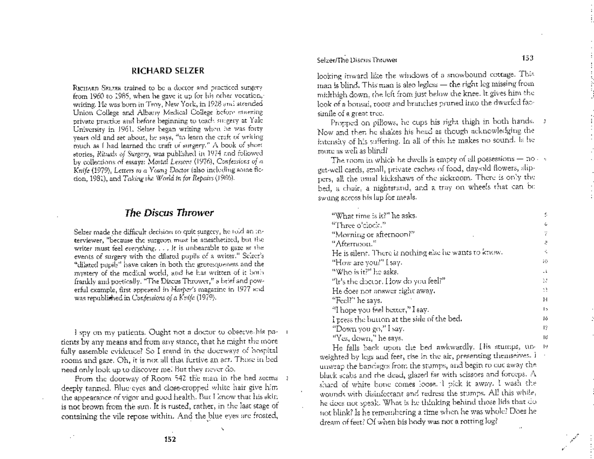 Discus Thrower Analysis: Richard Selzer's Journey in Writing and ...