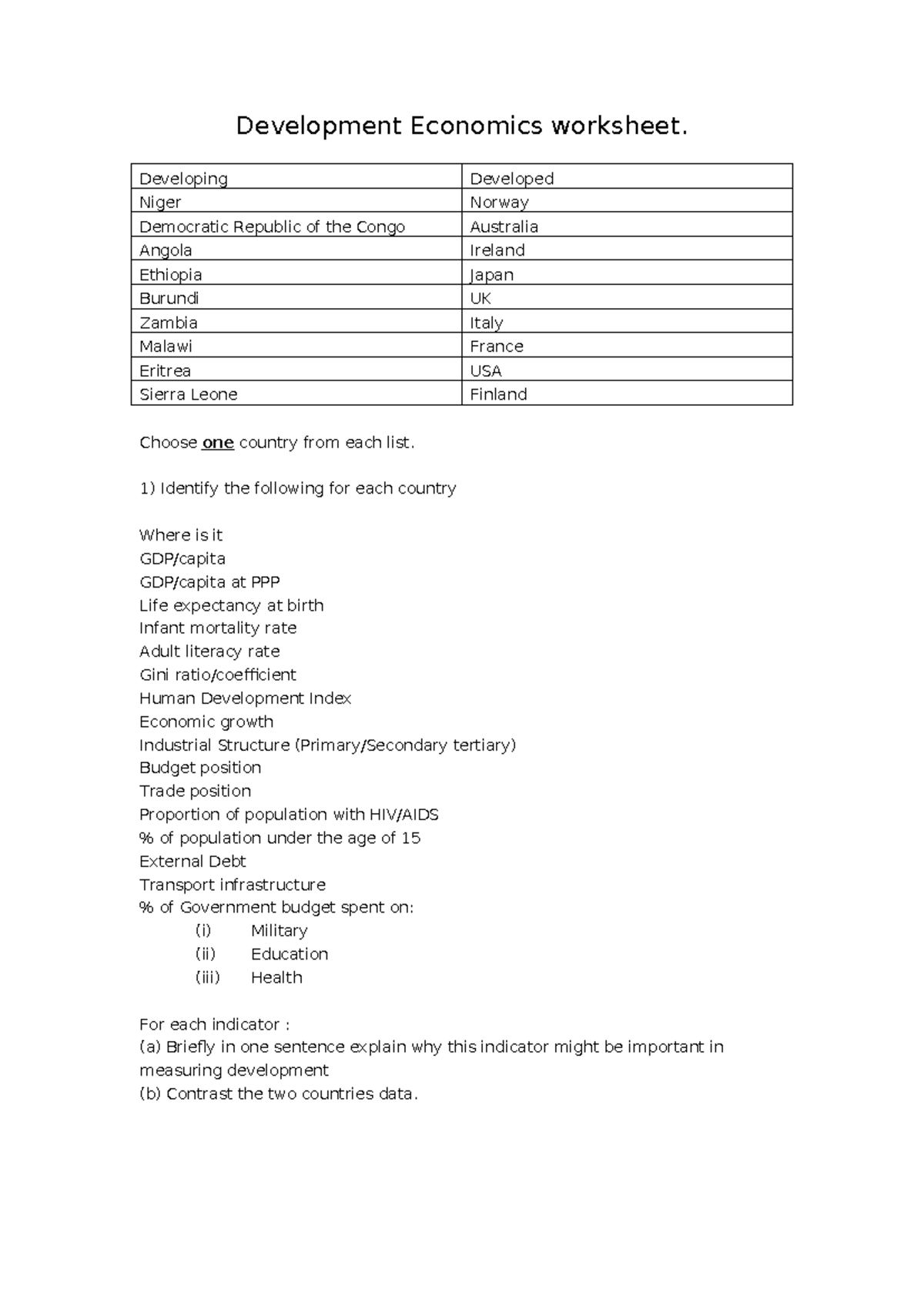 Development Economics worksheet week 1 - Development Economics ...