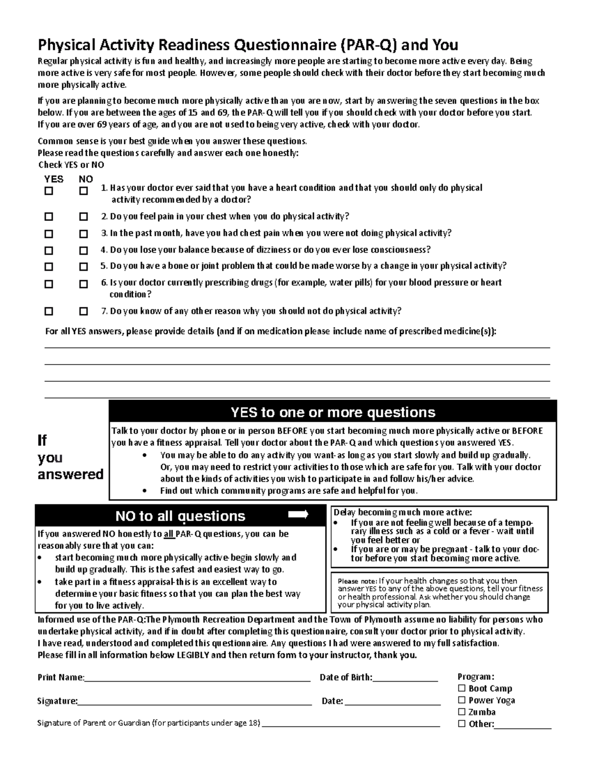 PARQ - Physical Activity Readiness Questionnaire (Boot Camp) - Studocu