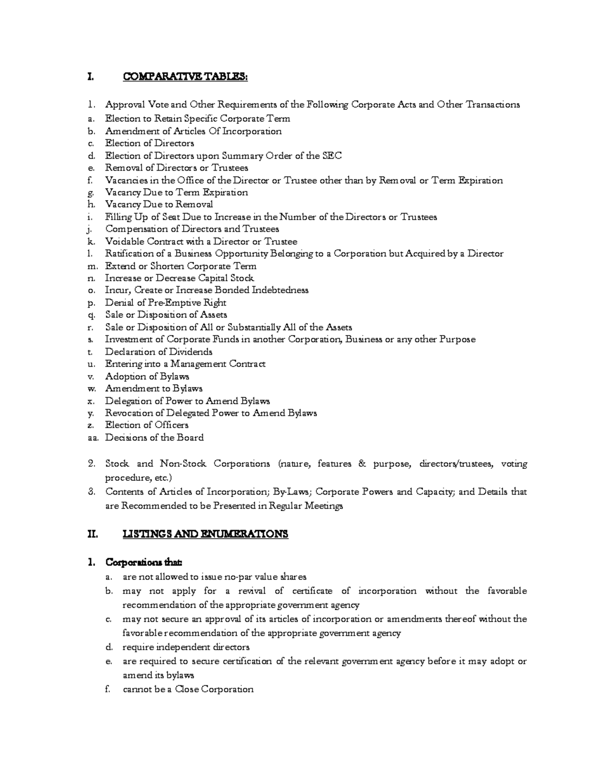 Corpo Law Guide for Review: Comparative Tables & Key Concepts - Studocu