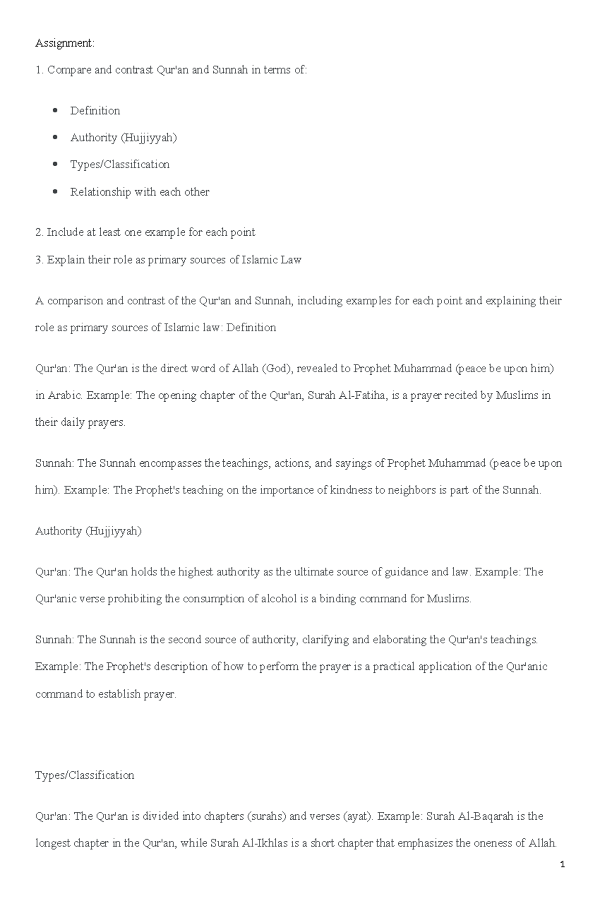 Shari'ah Assignment: Compare and Contrast Qur'an & Sunnah - Studocu