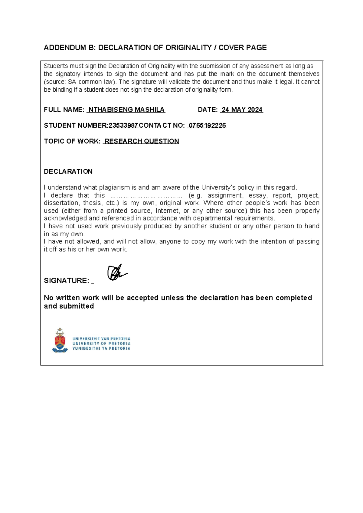 JMH Research Report: Declaration of Originality & Legal Validation - Studocu