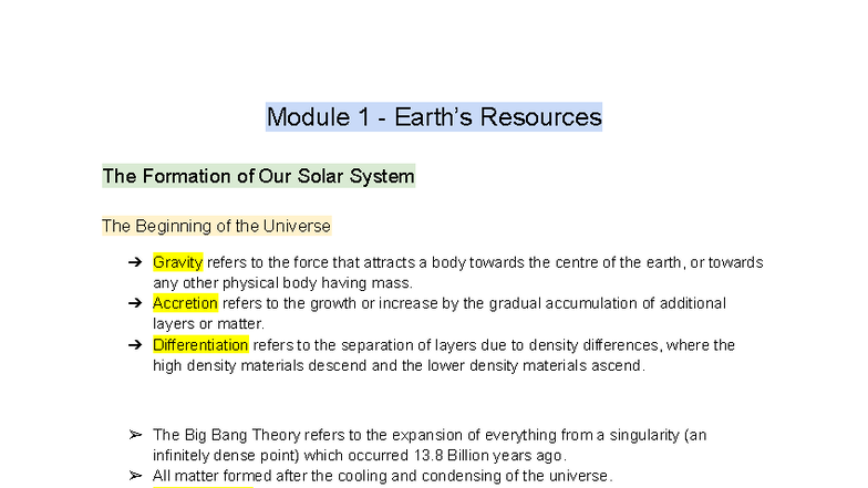Module 1 - Earth's Resources: Formation of Solar System & Layers - Studocu