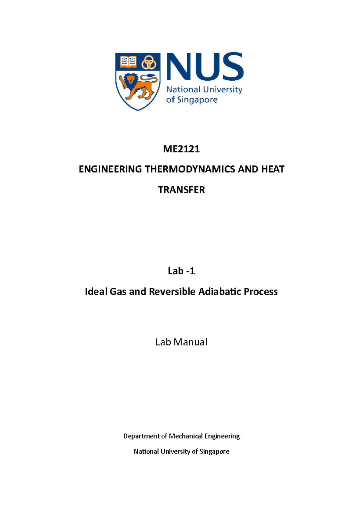 ME2121 Lab Manual: Ideal Gas & Reversible Adiabatic Processes - Studocu