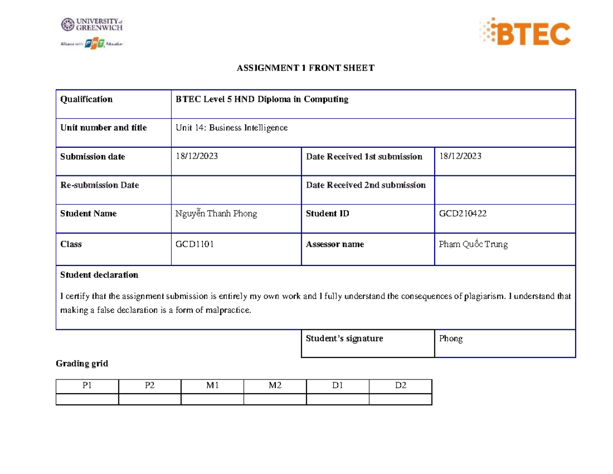 Phong ASM1 1641 Merit - ASSIGNMENT 1 FRONT SHEET Qualification BTEC Level 5 HND Diploma in ...