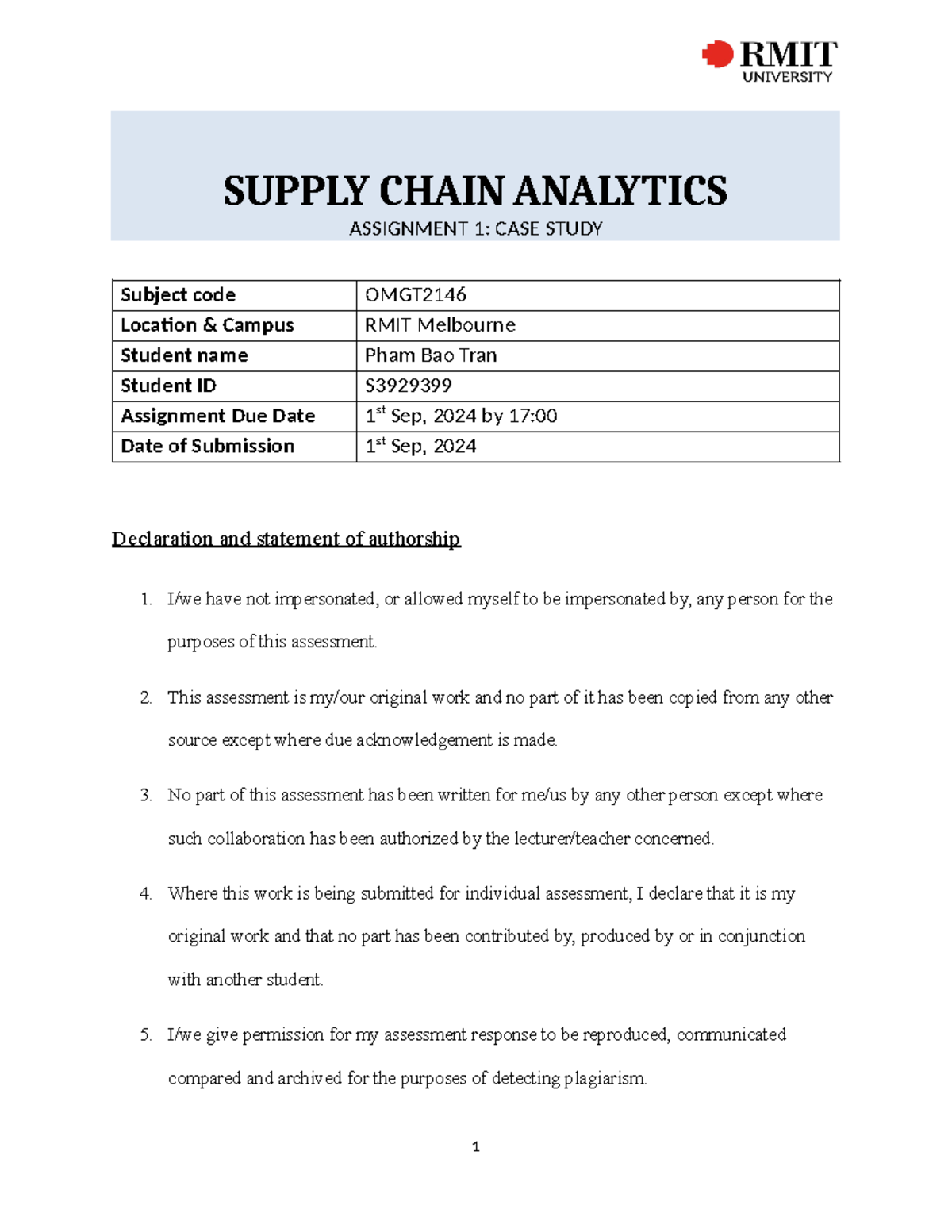 OMGT2146 - Assignment 1 - Supply Chain Analytics Case Study - Studocu
