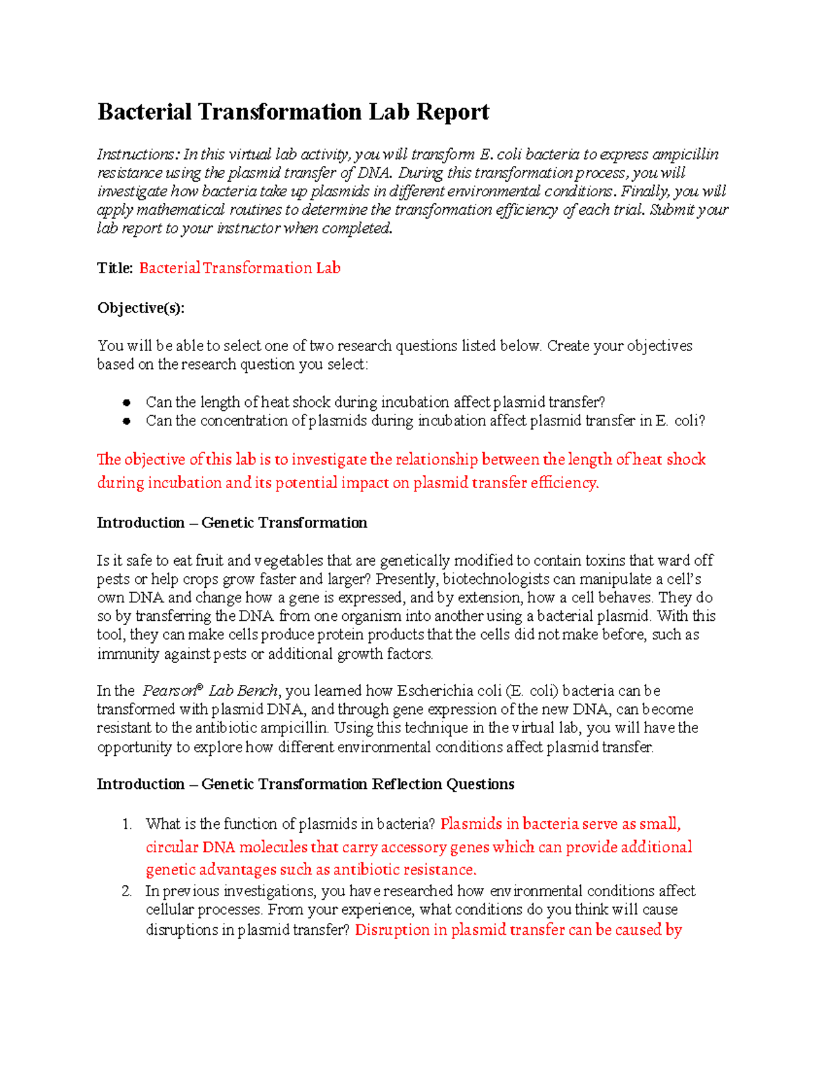 Biotechnology 06.08: Bacterial Transformation Lab Report Assignment ...