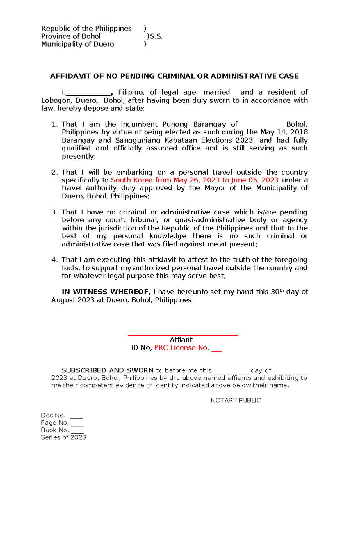 Affidavit of No Pending Criminal/Admin Case - Bohol, Aug 2023 - Studocu
