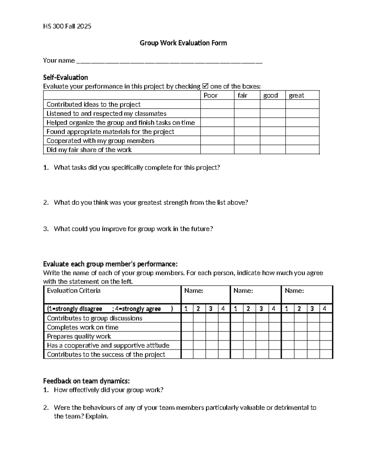 HS 300 Fall 2025 Group Work Self & Peer Evaluation Form - Studocu