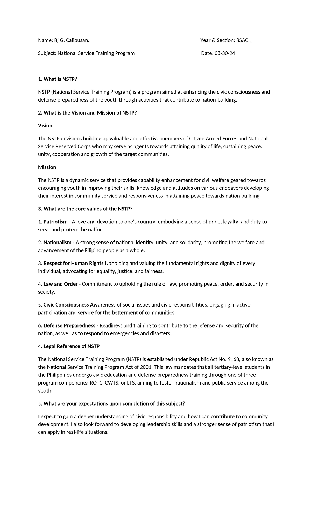 NSTP LTS Mission, Vision, and Core Values Overview - Studocu