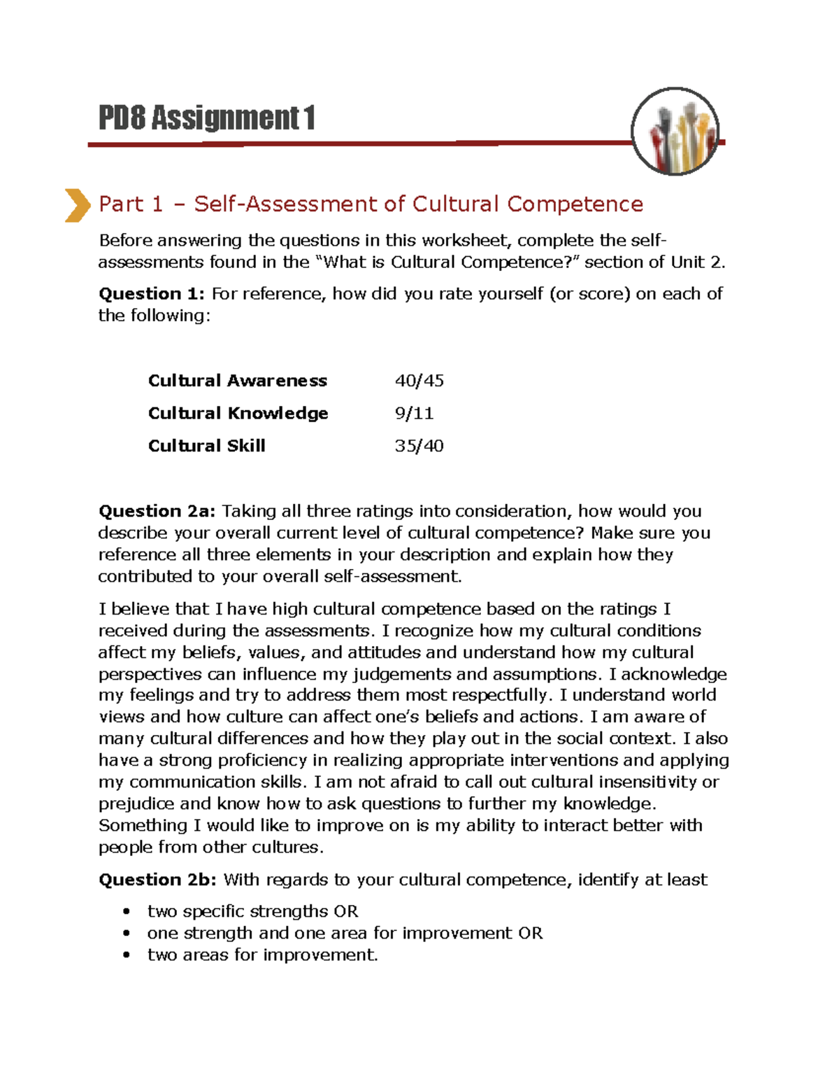 Cultural Competence Self-Assessment - PD8 Assignment 1 - Studocu
