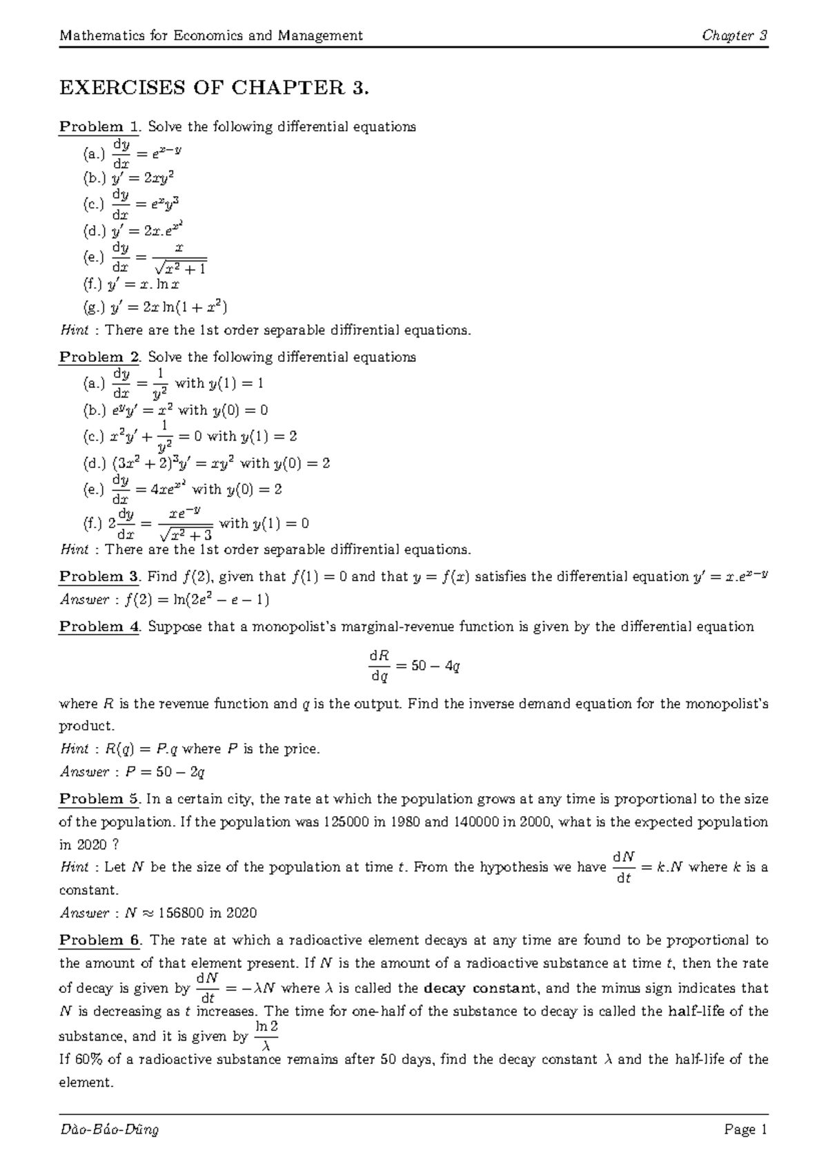 Exercises Of Chapter 3 Mathematics For Economics And Management