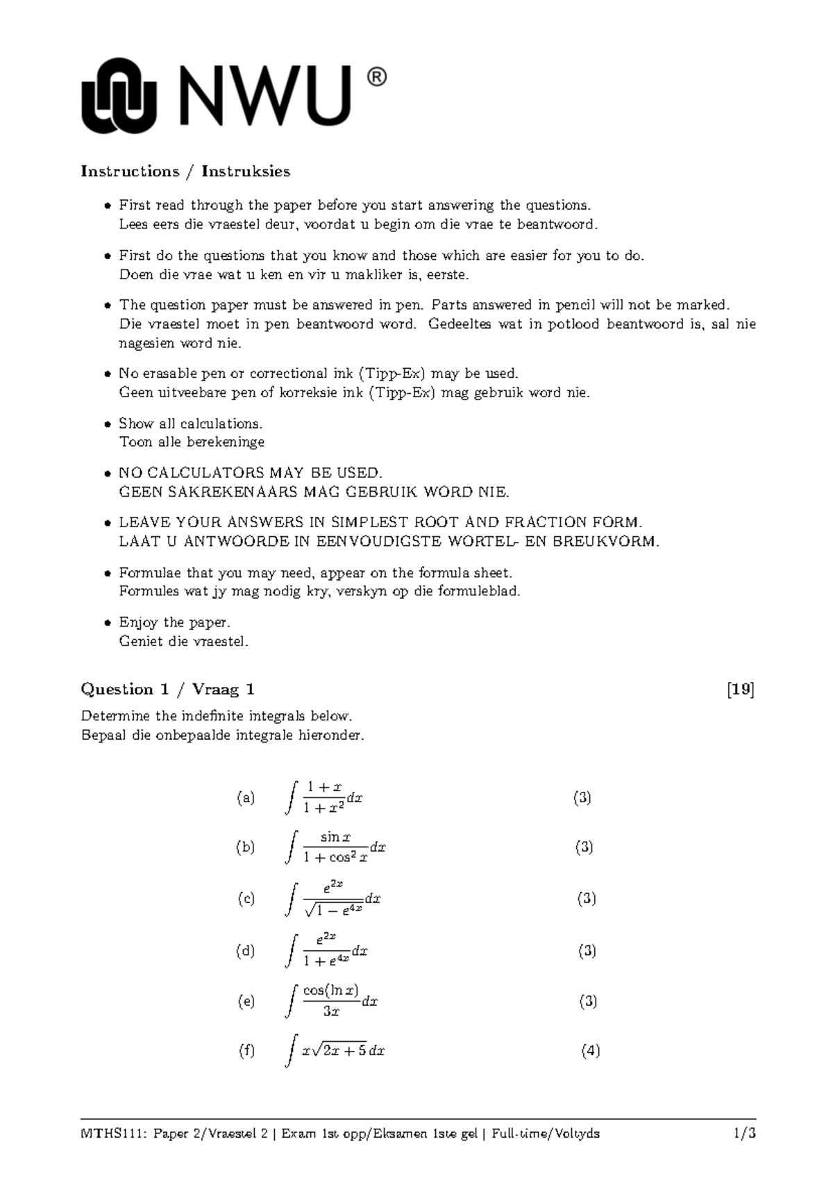 MTHS111: Exam 1 Paper 2 Instructions and Guidelines 2023 - Studocu
