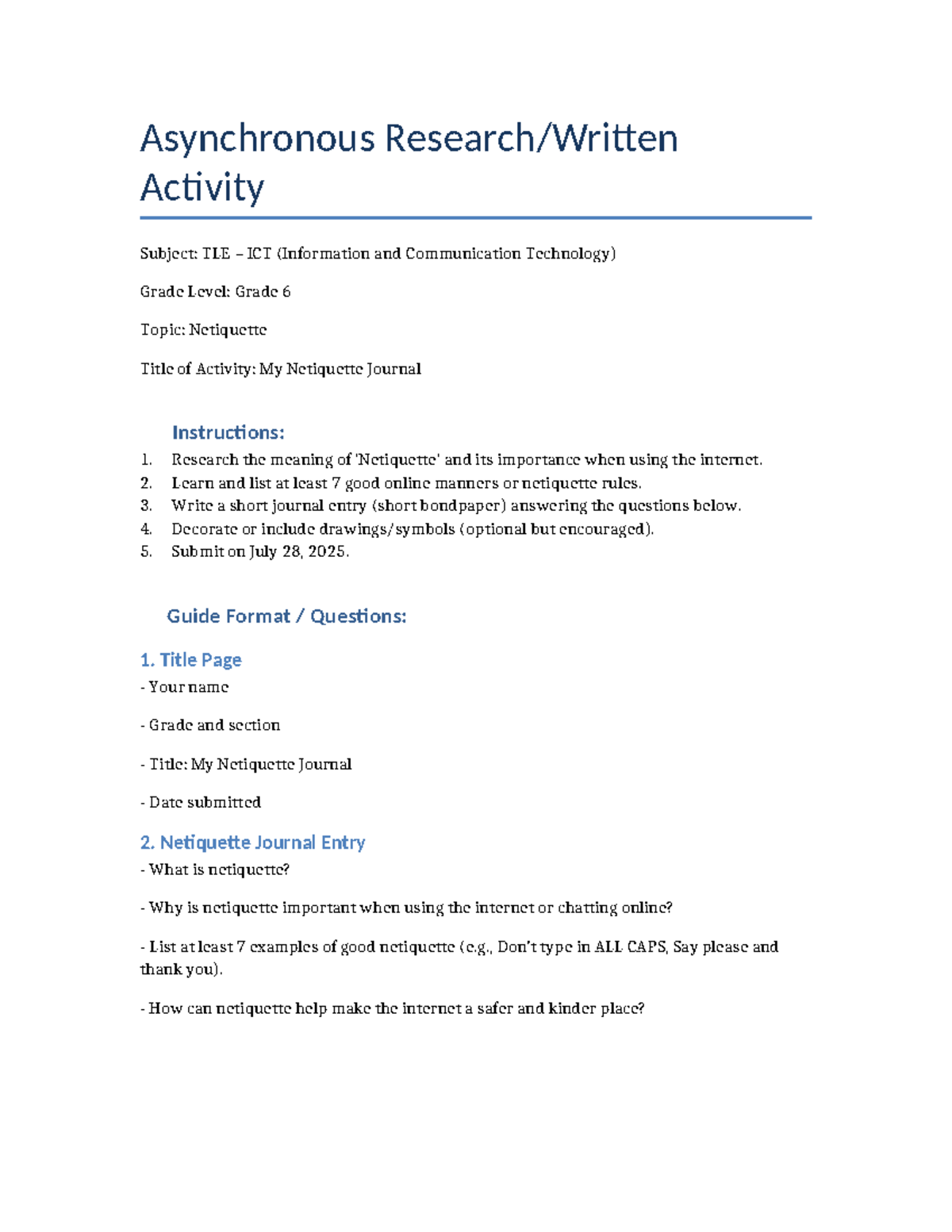 Netiquette Activity: My Netiquette Journal for TLE ICT Grade 6 - Studocu