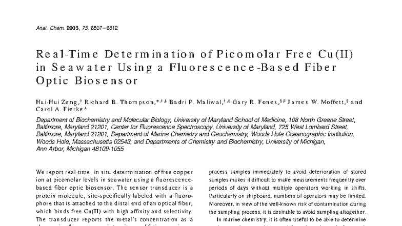 In Situ Measurement of Picomolar Free Cu(II) in Seawater Using Fiber ...