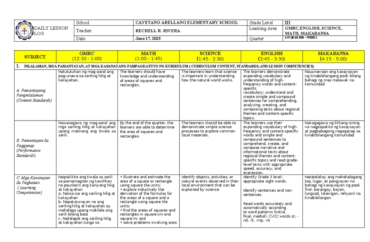 DAILY LESSON LOG (DLL) - Grade 3 Subjects Overview (June 18, 2025 ...