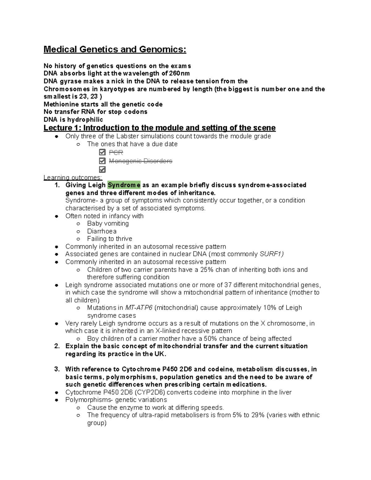 Year 2 Sem 2 - Medical Genetics & Genomics Lecture Notes Overview - Studocu