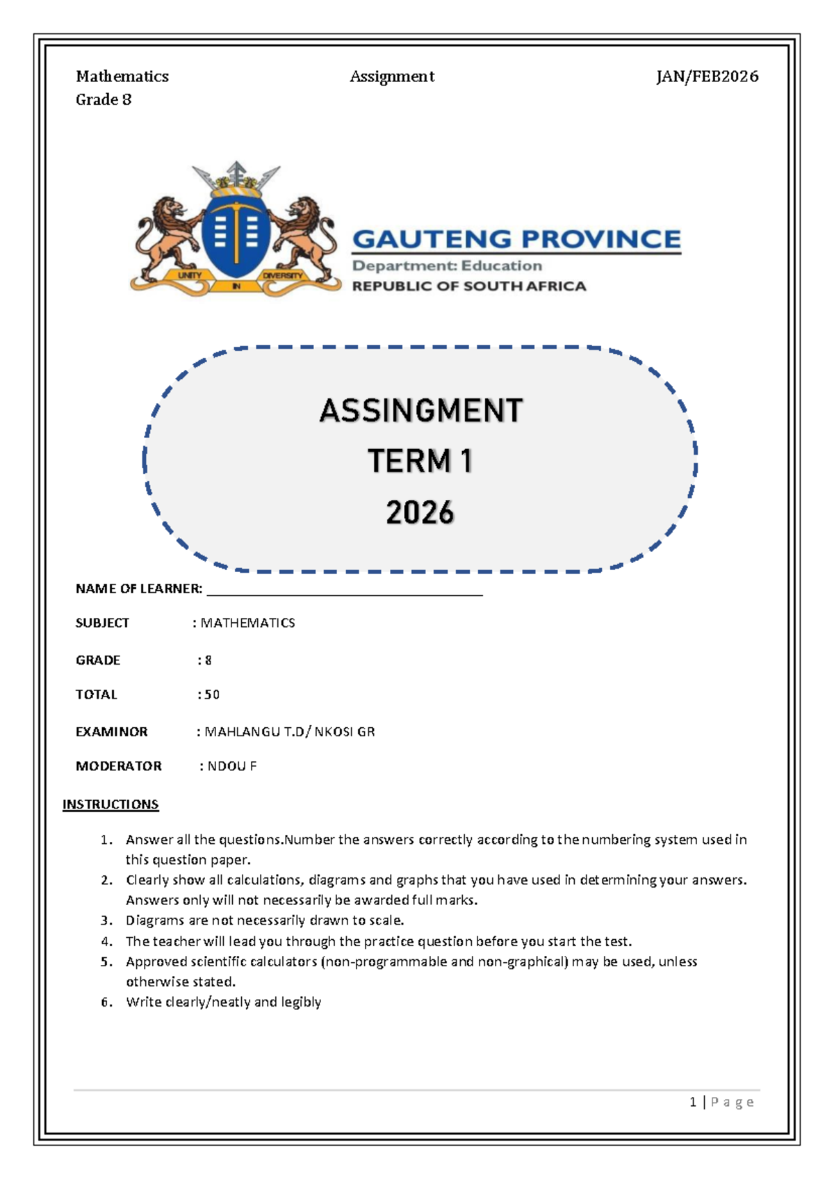 Mathematics Grade 8 Assignment Term 1 - 2026 Exam Questions - Studocu