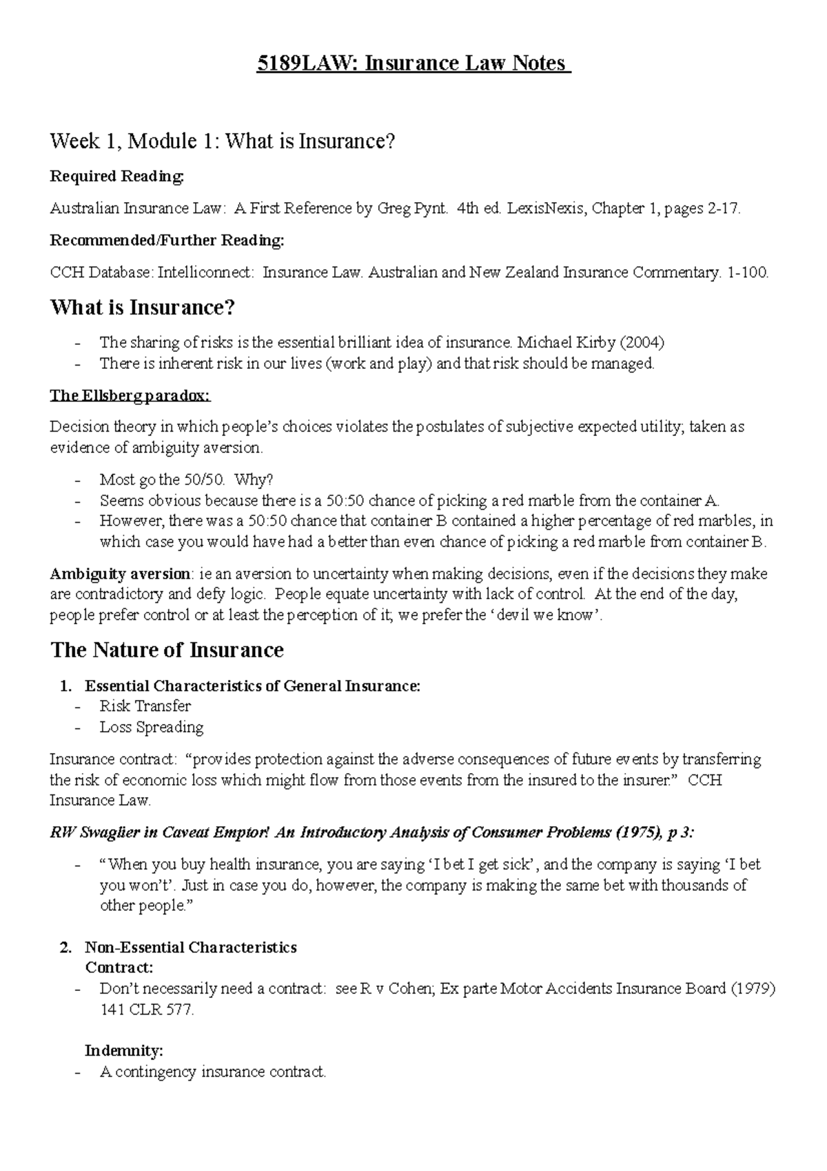 5189LAW Insurance Law Notes: Week 1-6 - 5189LAW: Insurance Law Notes ...
