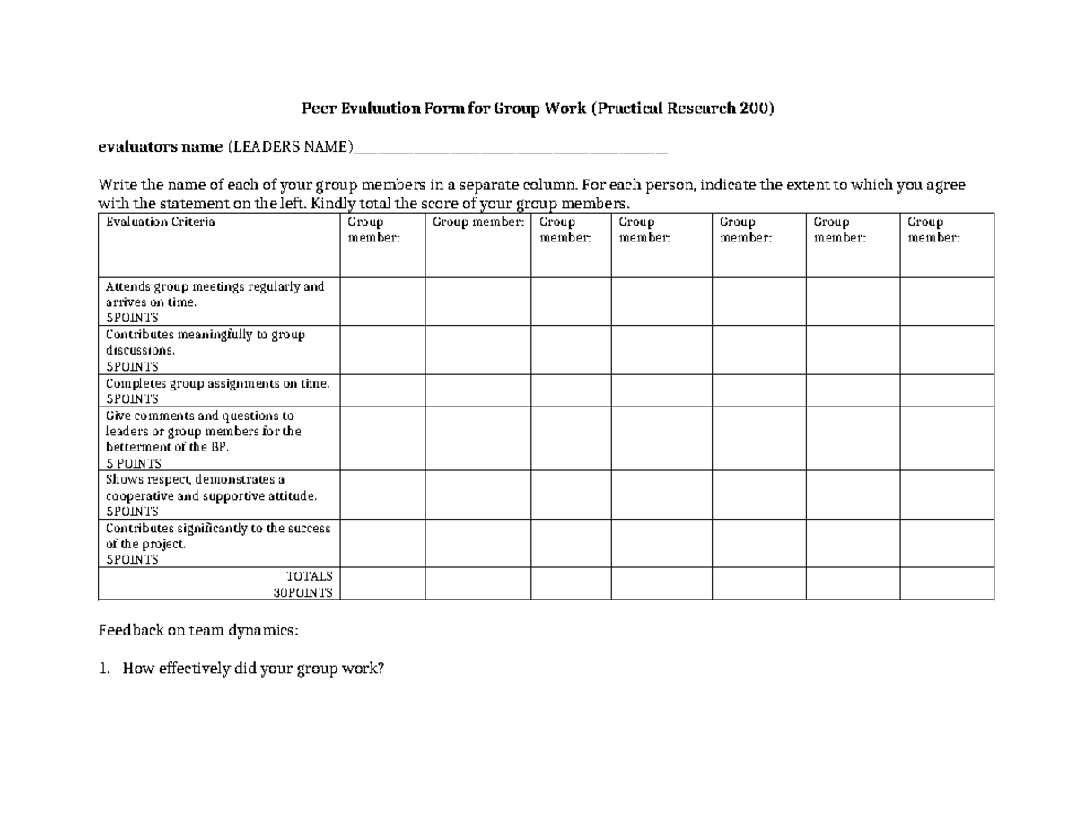 Peer Evaluation Form for Group Work (Practical Research 200) - Studocu
