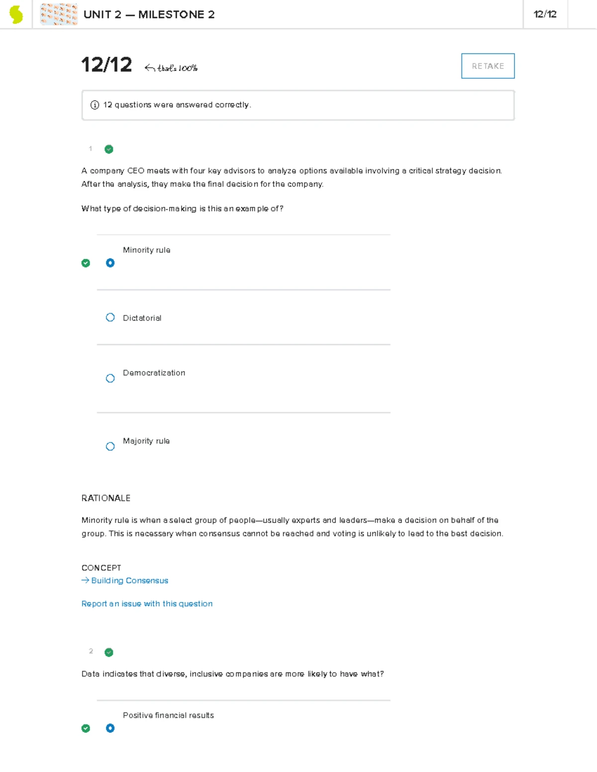 Milestone 2 - 1 CONCEPT → Building Consensus 2 12 / 12 that's 100% ...