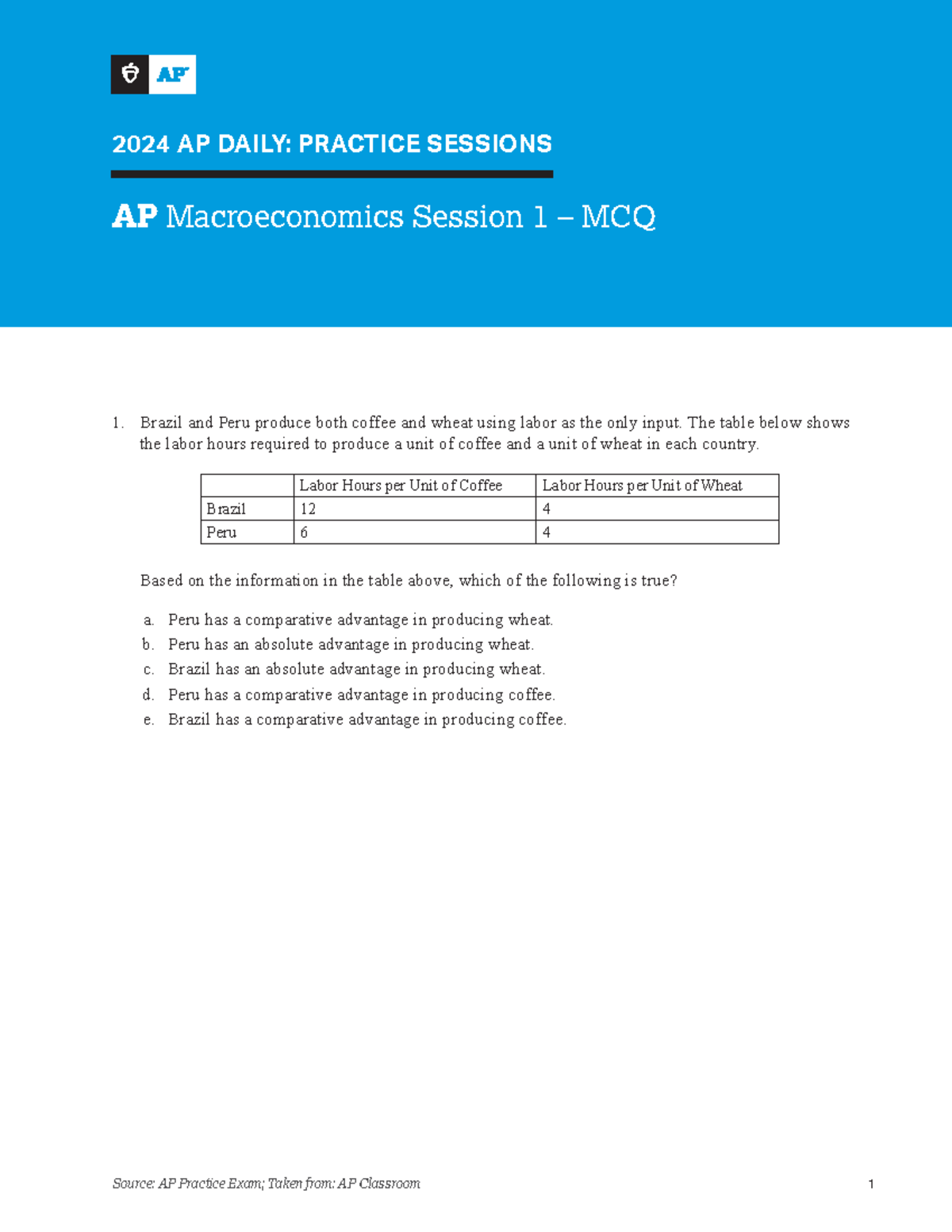 AP Macroeconomics Session 1 Worksheet - Source: AP Practice Exam; Taken ...