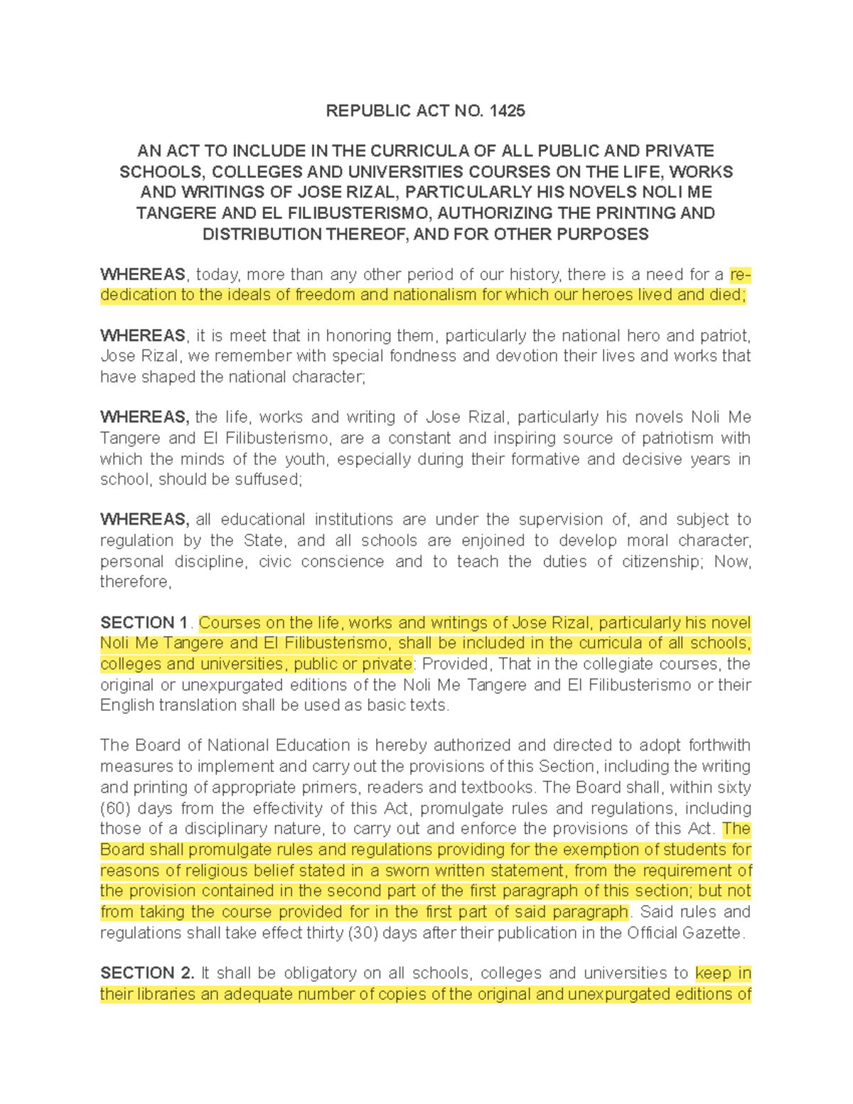 RA 1425: Inclusion of Jose Rizal's Works in School Curricula - Studocu