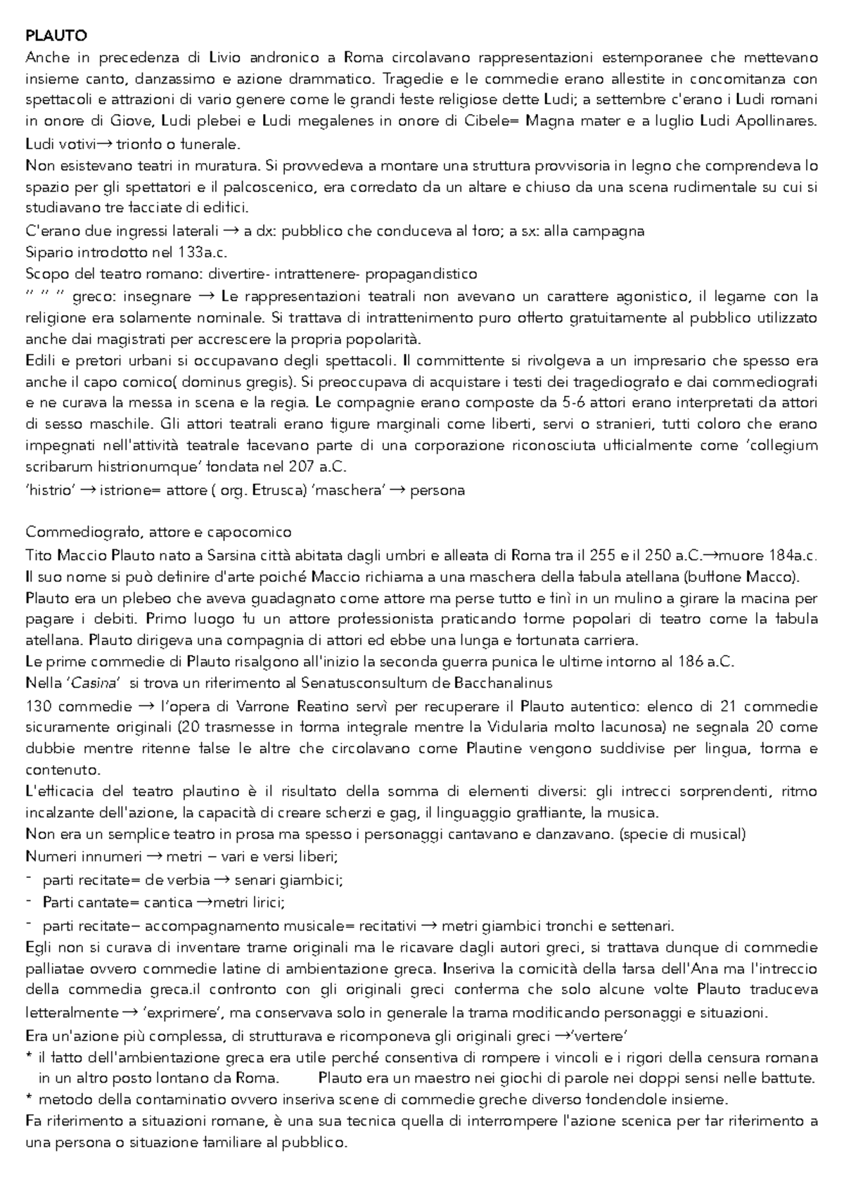 PLA 101 - Studio su Plauto e il Teatro Romano: Storia e Tecniche - Studocu