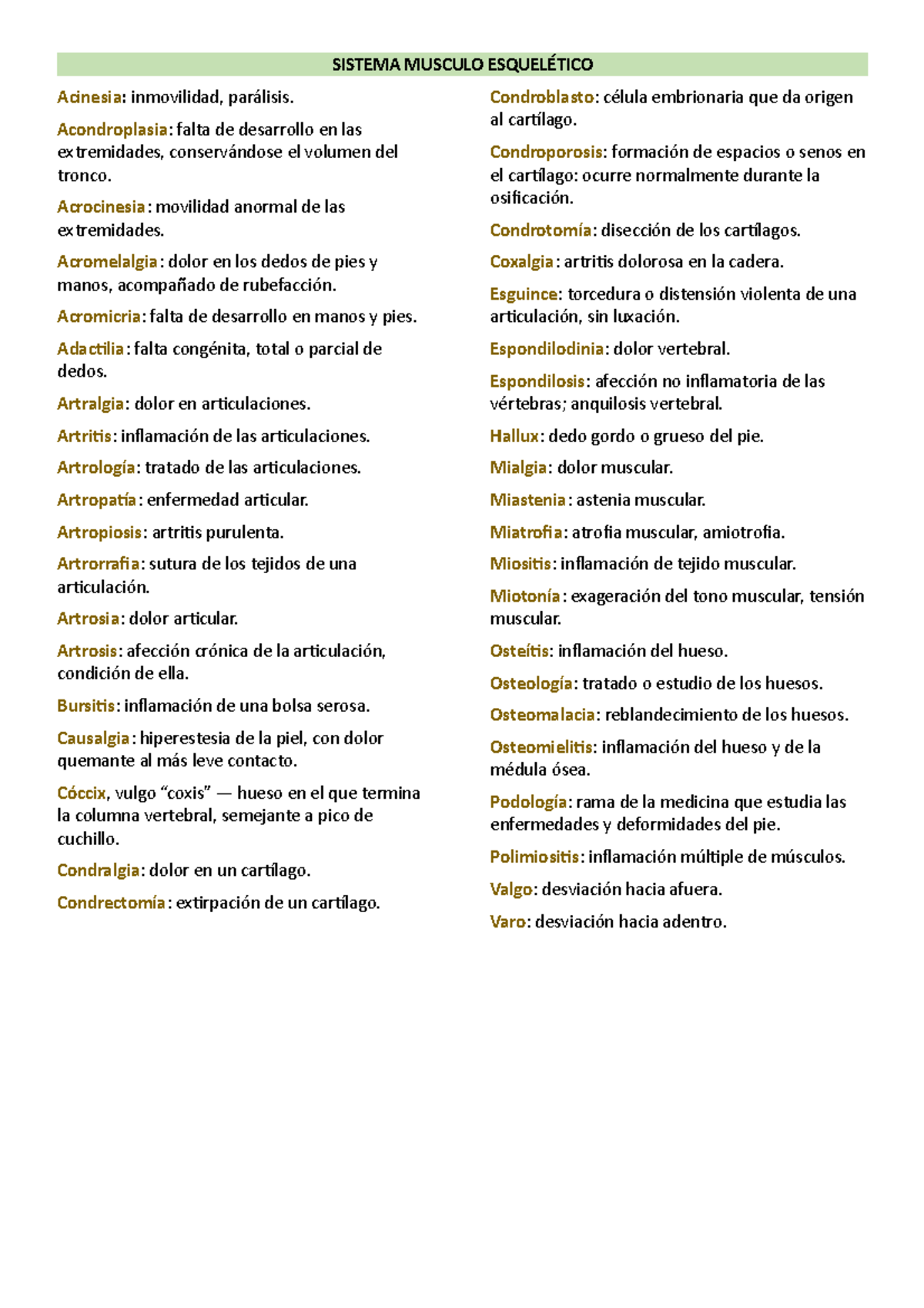 Terminologia Medica- Definiciones - SISTEMA MUSCULO ESQUELÉTICO ...