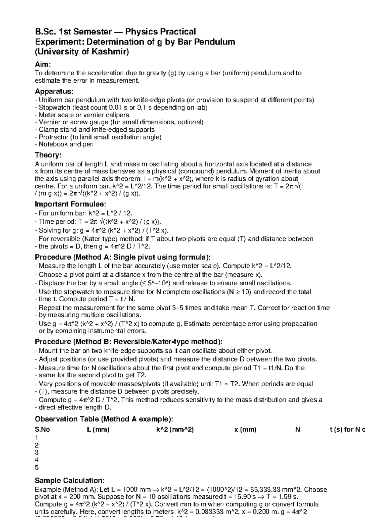 B.Sc. 1st Sem Physics Practical: Bar Pendulum Experiment at KU - Studocu
