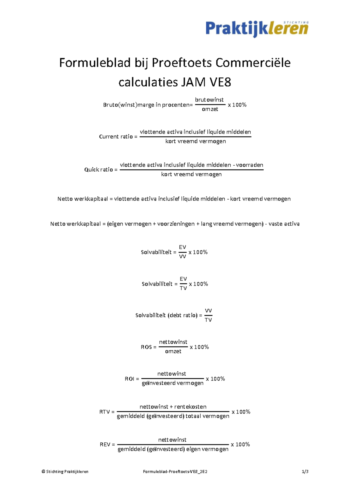 Formuleblad-Proeftoets JAM VE8 2 - © Stichting Praktijkleren ...