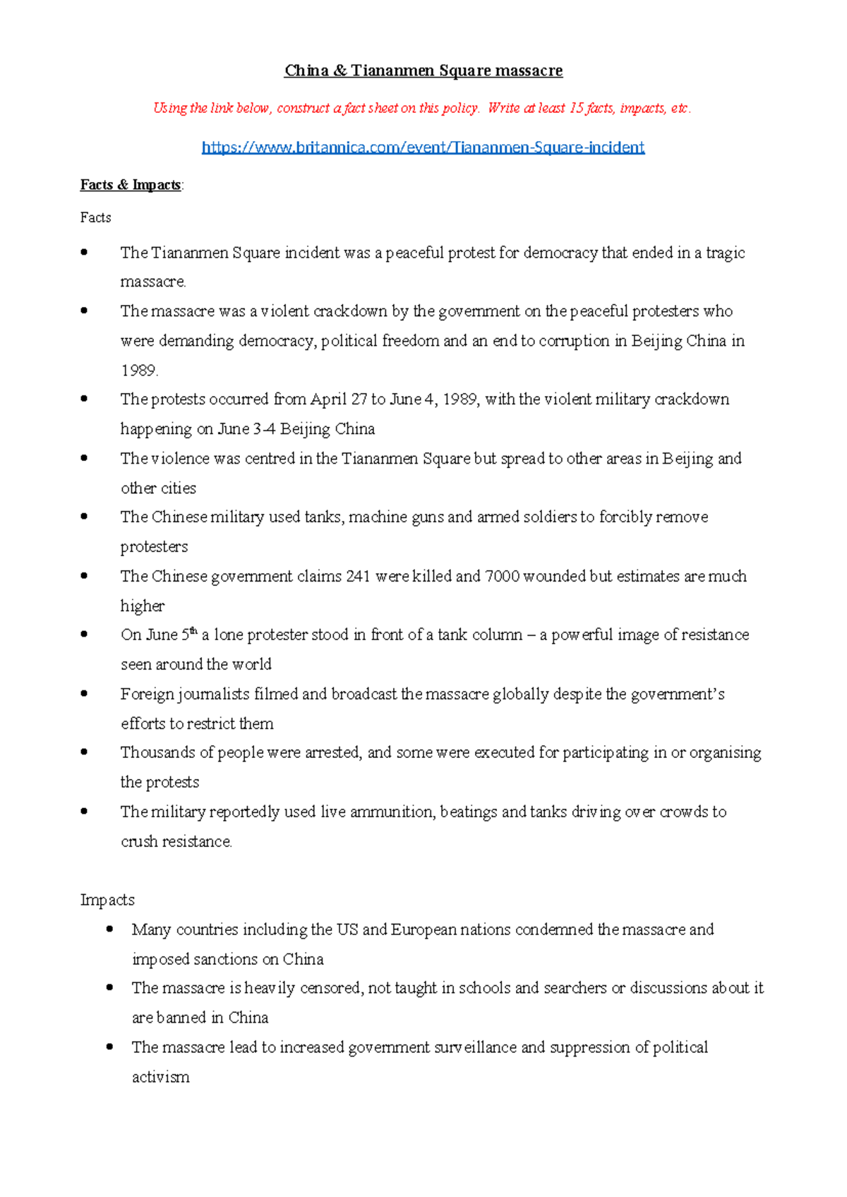 8. China: Fact Sheet on the Tiananmen Square Massacre - Studocu