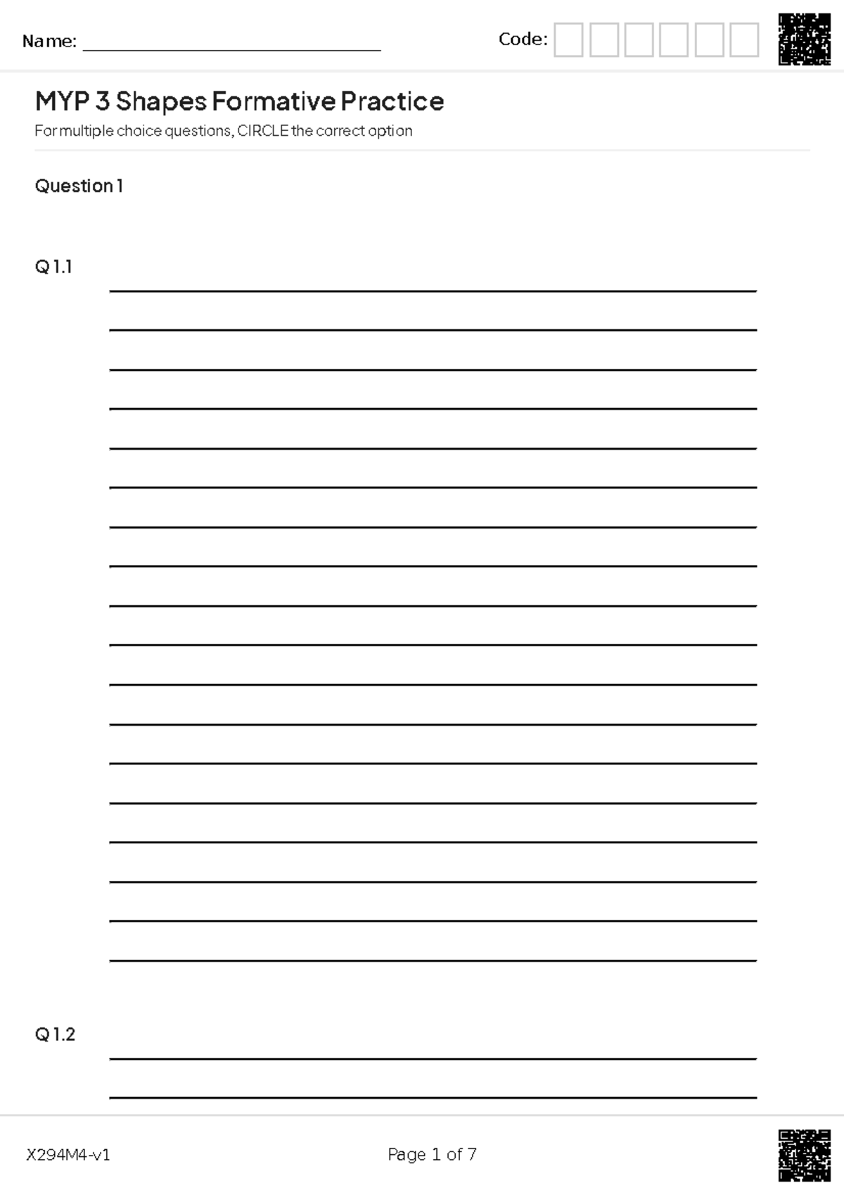 MYP 3 Shapes Formative Practice X294M4 Answer Sheet - Studocu