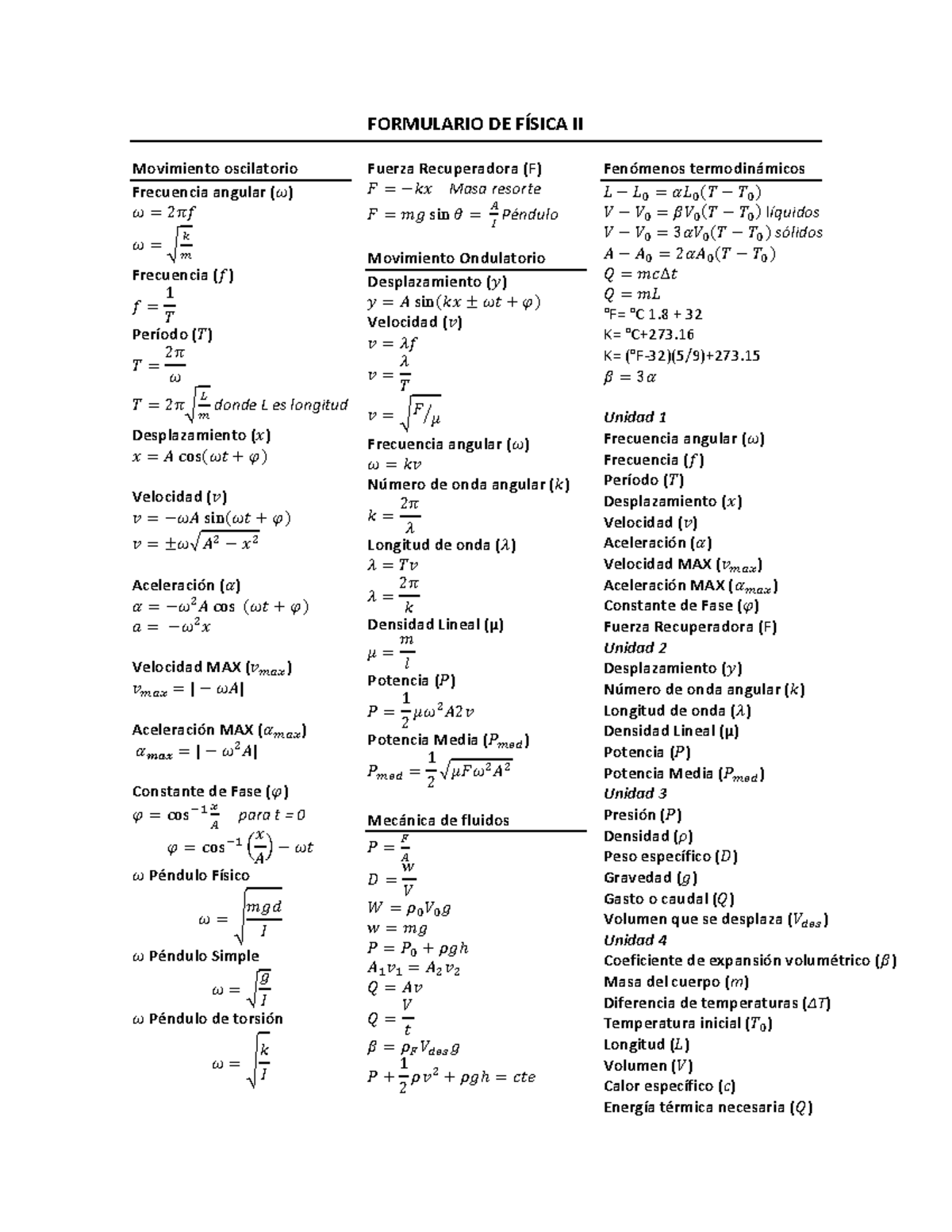 Formulario de Física II - FIME UANL: Conceptos Clave y Fórmulas - Studocu