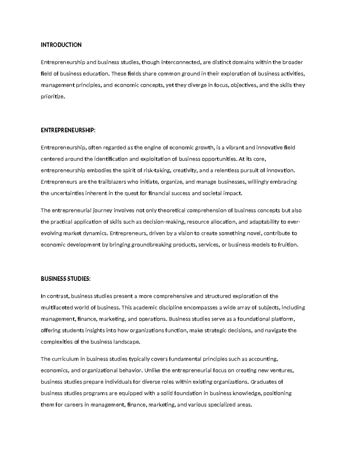ENT 101 - Entrepreneurship vs. Business Studies Assignment - Studocu