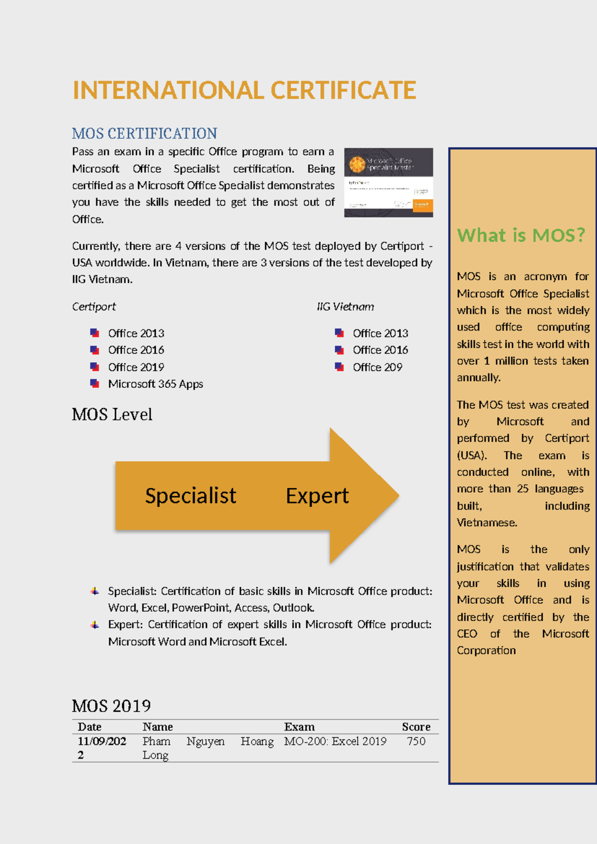 INTERNATIONAL CERTIFICATE: MOS & IC3 Certification Overview - Studocu