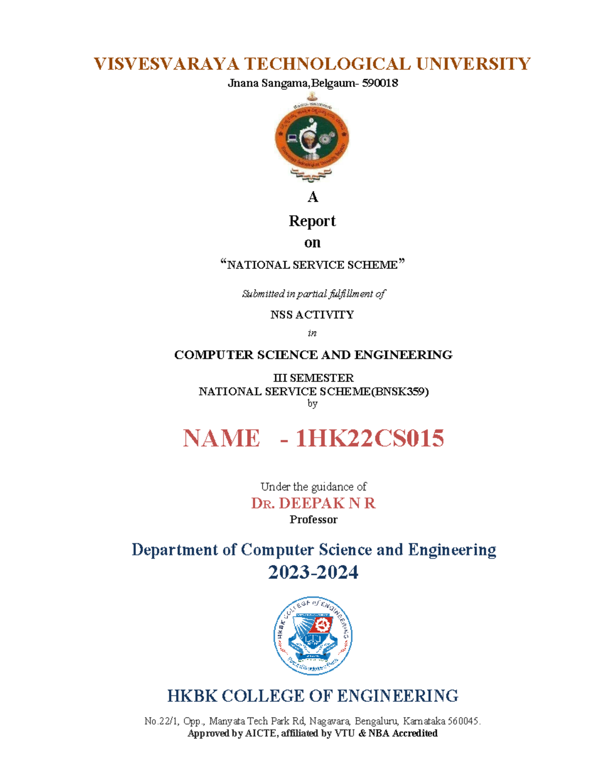 NSS Report on National Service Scheme Activity - BNSK359 - Studocu