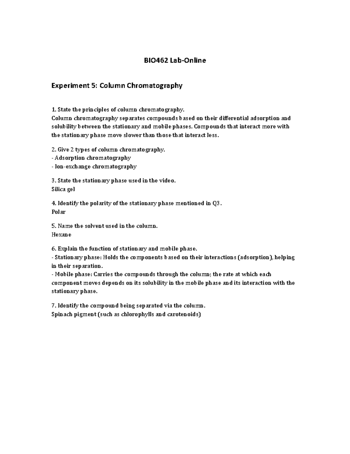 BIO462 Lab: Principles and Applications of Column Chromatography - Studocu