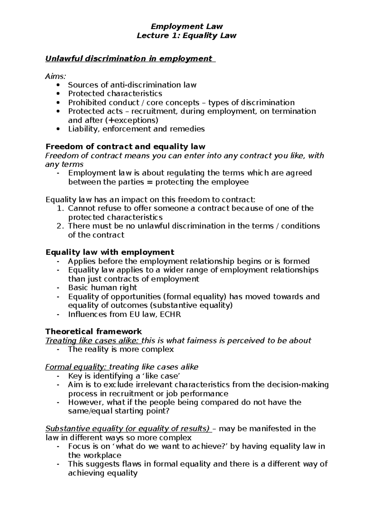 Equality law notes - Lecture 1: Equality Law Unlawful discrimination in ...