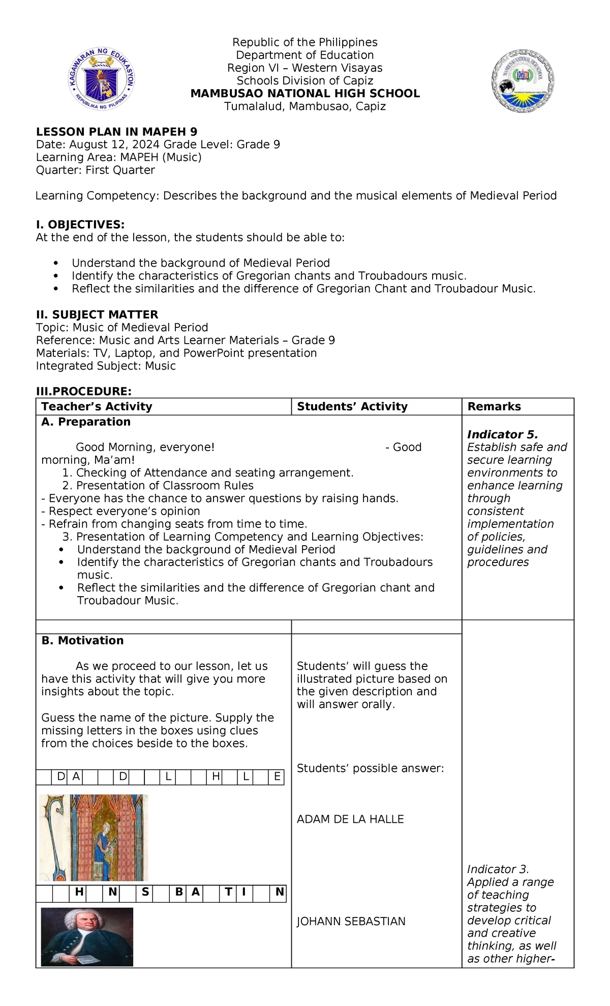 MAPEH 9 Lesson Plan: Exploring the Medieval Music Era - Day 2 - Studocu