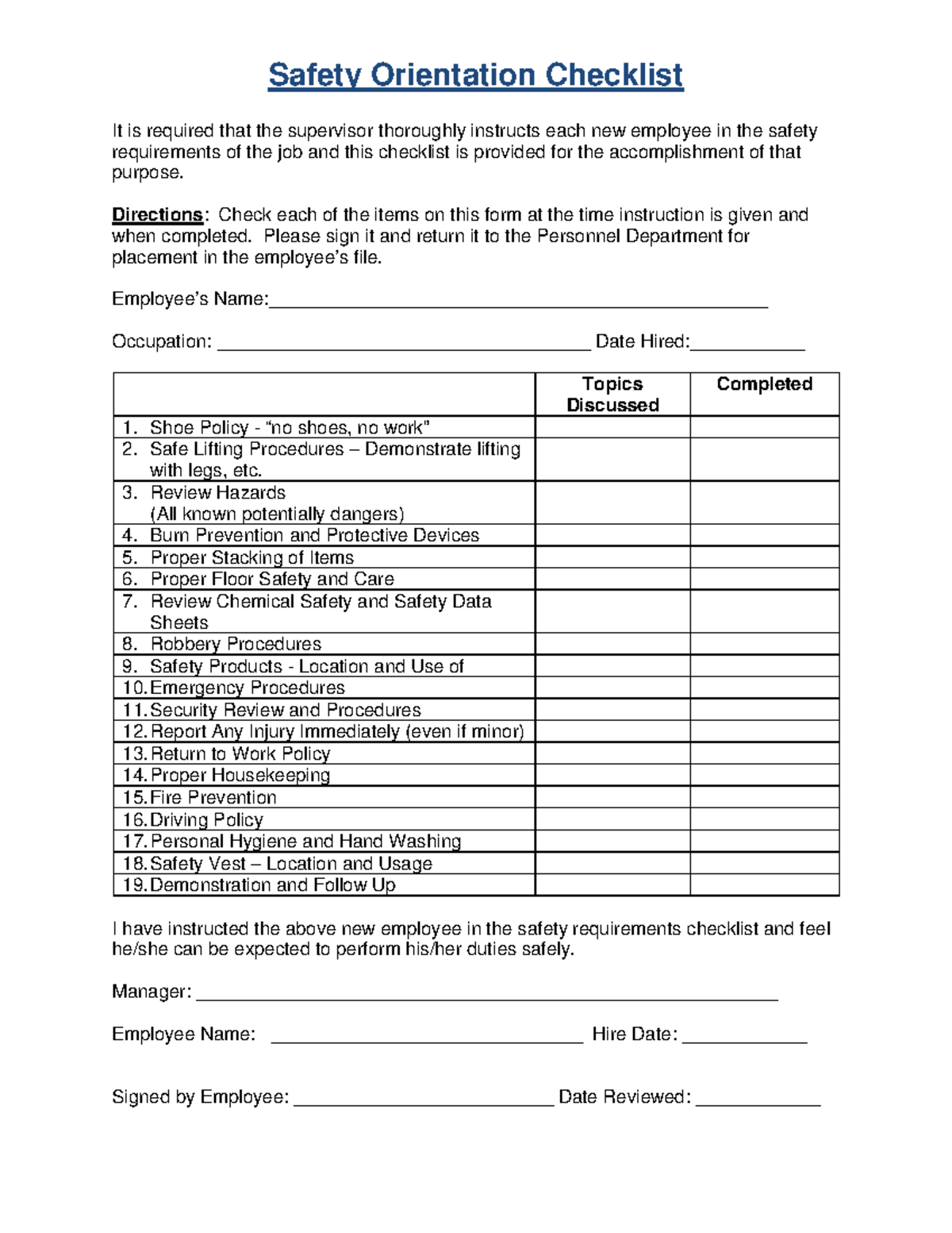 Safety Orientation Checklist: Essential Employee Training Guide - Studocu