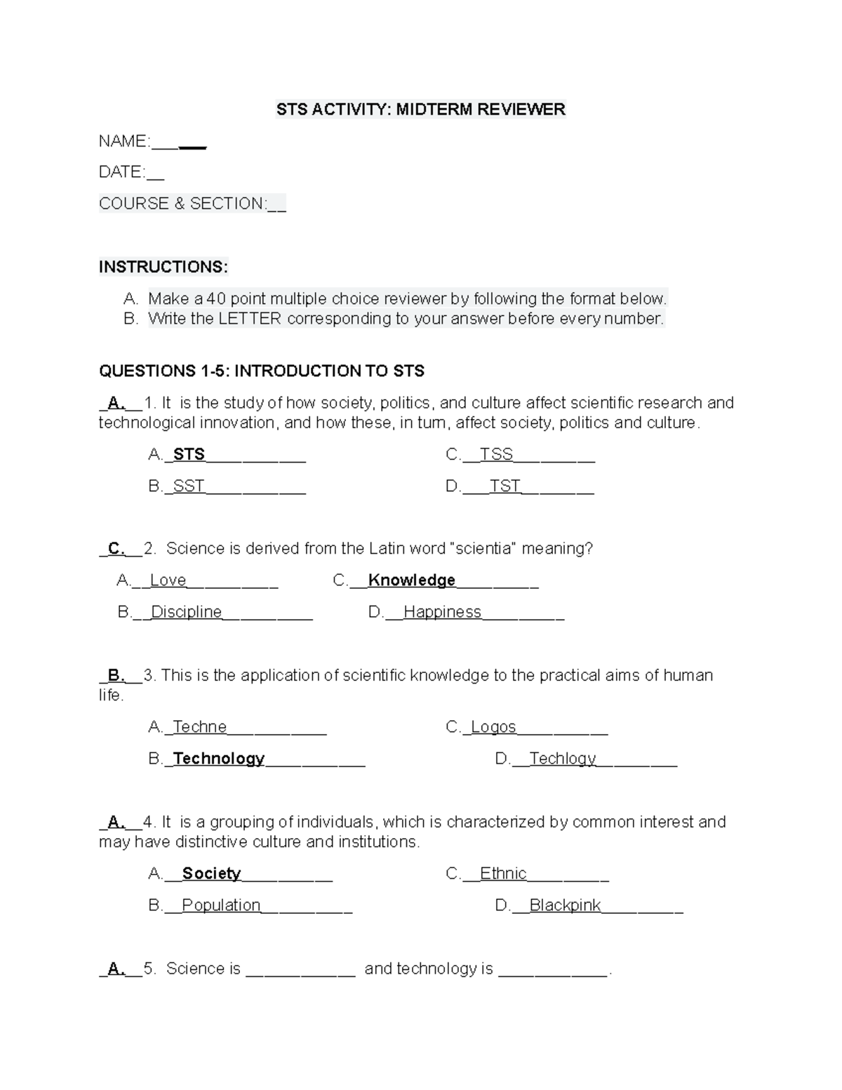STS Activity - Midterm Exam Reviewer (40 MCQs) - Studocu