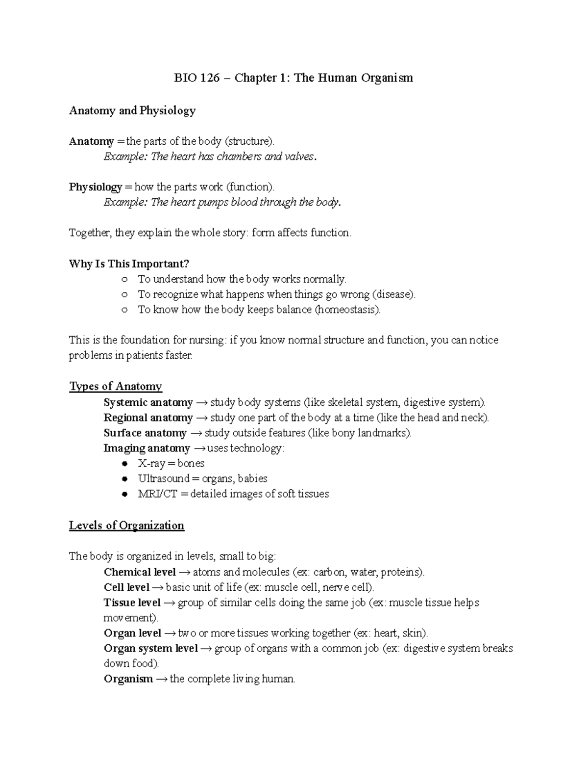 BIO 126 – Chapter 1: Anatomy and Physiology of the Human Organism - Studocu