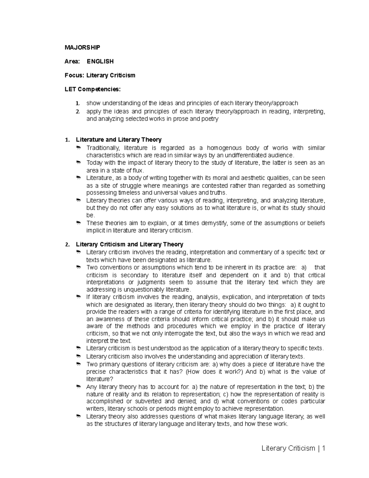 Literary Criticism Overview - ENGLISH MOD 1 Study Notes - Studocu